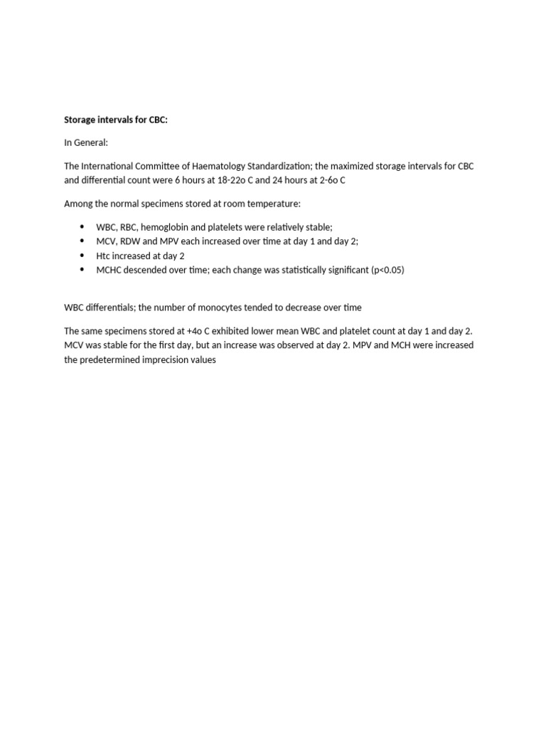 Storage intervals for CBC | PDF