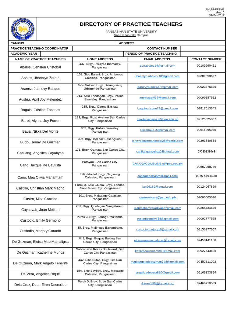 Practice Teachers Directory - PSU Pangasinan | PDF