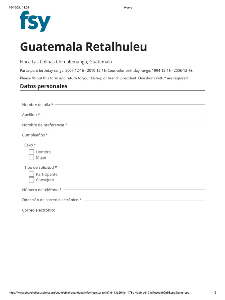 Formulario FSY para Jóvenes y Consejeros | PDF