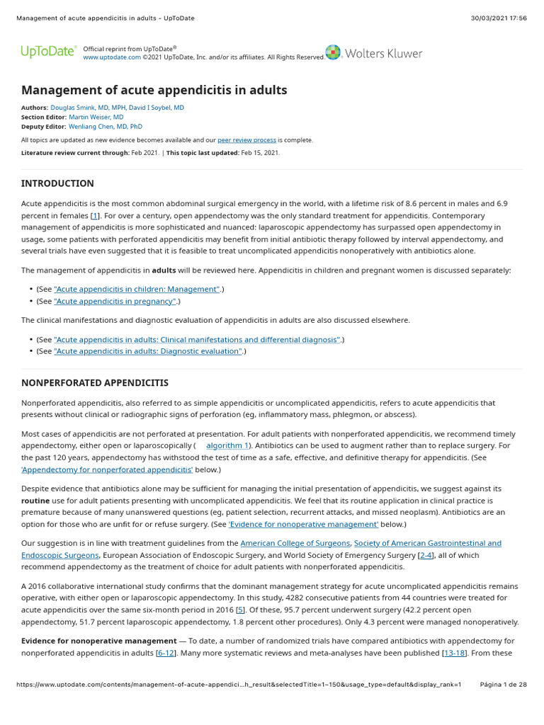 Management of Acute Appendicitis in Adults - UpToDate | PDF | Surgery ...