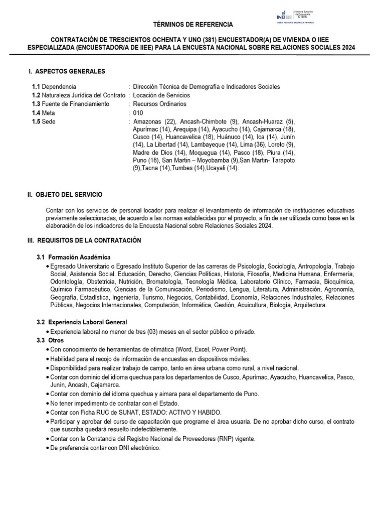 01. TDR ENCUESTADOR(A) DE VIVIENDA O IIEE ESPECIALIZADA (ENCUESTADOR DE ...