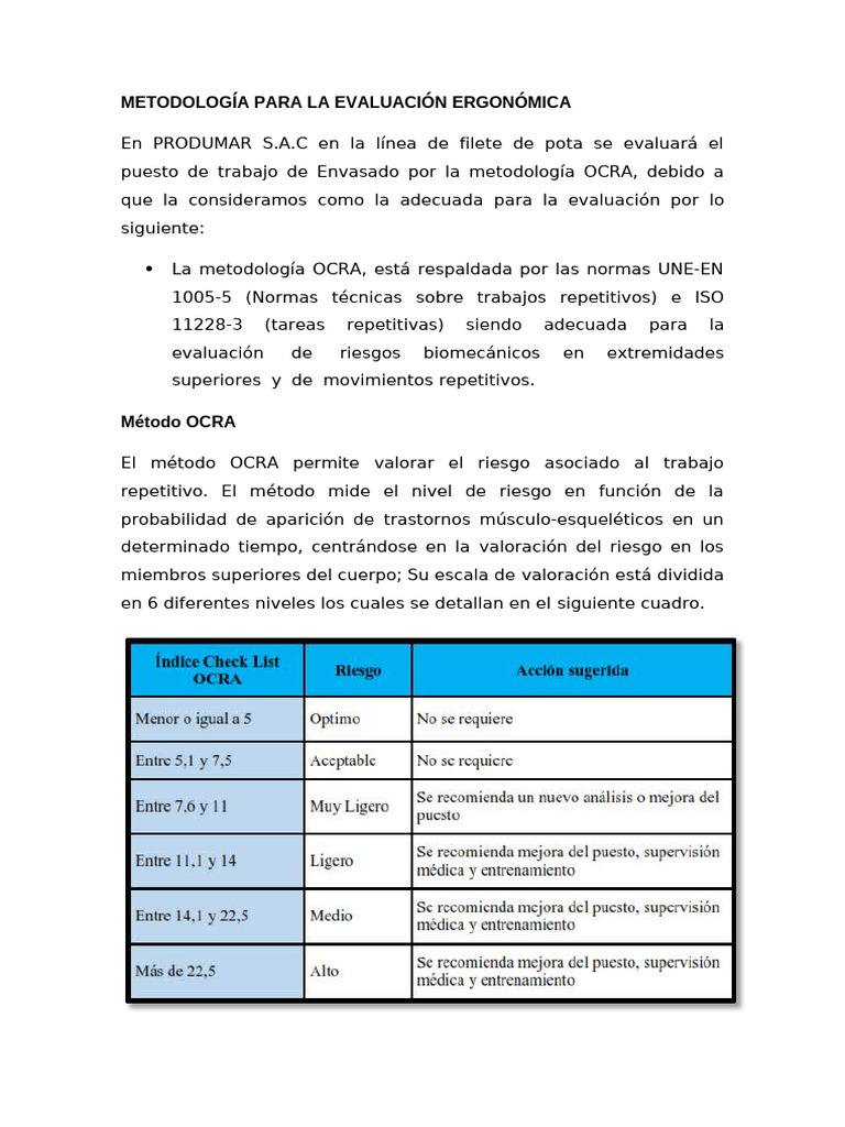 Metodo Ocra Envasado Produmar | PDF | Factores humanos y ergonomía