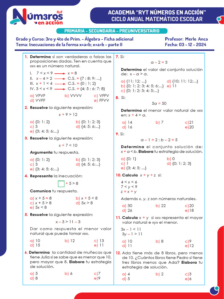 SEMANA 34 - 3ro y 4to Prim - Álgebra - Ficha Adicional | PDF | Matemáticas