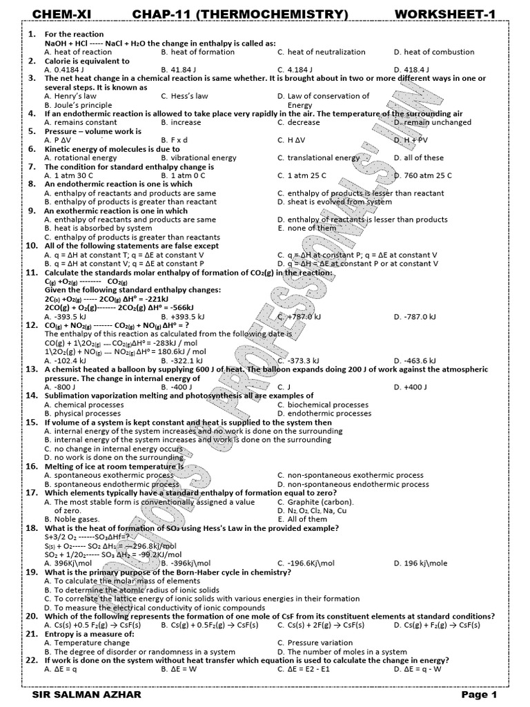Chem Xi Chap 11 Worksheet 1 (3) | PDF | Enthalpy | Physical Sciences