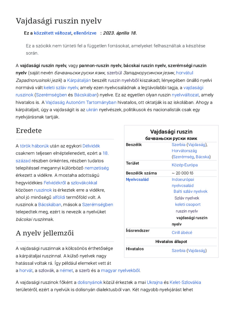 Vajdasági Ruszin Nyelv | PDF