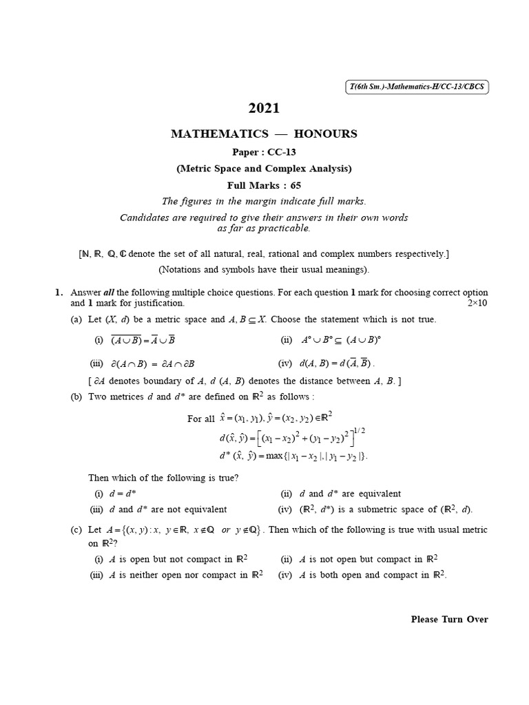 CU-2021 B.sc. (Honours) Mathematics Semester-VI Paper-CC-13 QP | PDF | Compact Space ...