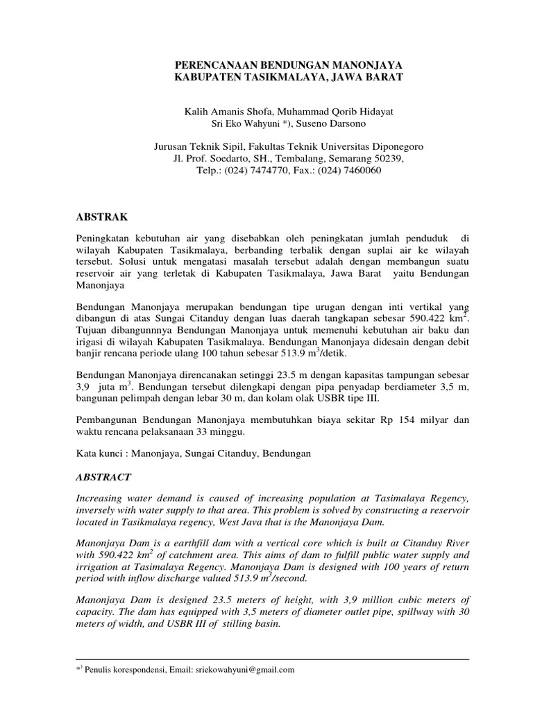 ID Perencanaan Bendungan Manonjaya Kabupate | PDF