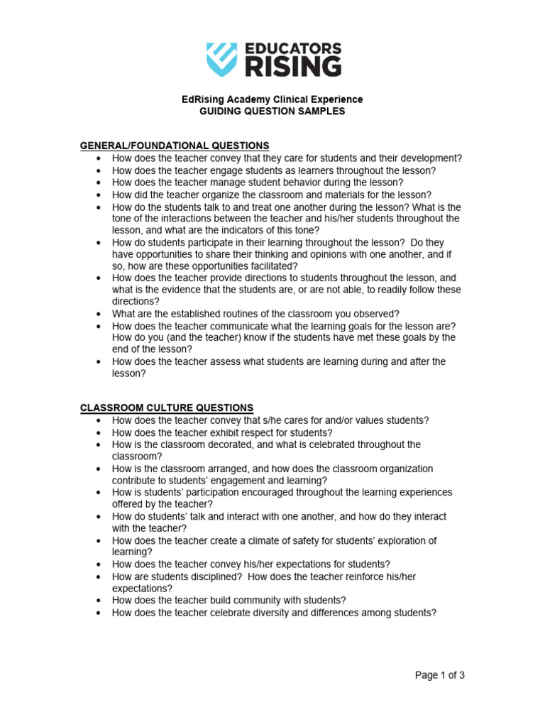 Sample Guiding Questions | PDF | Teachers | Learning