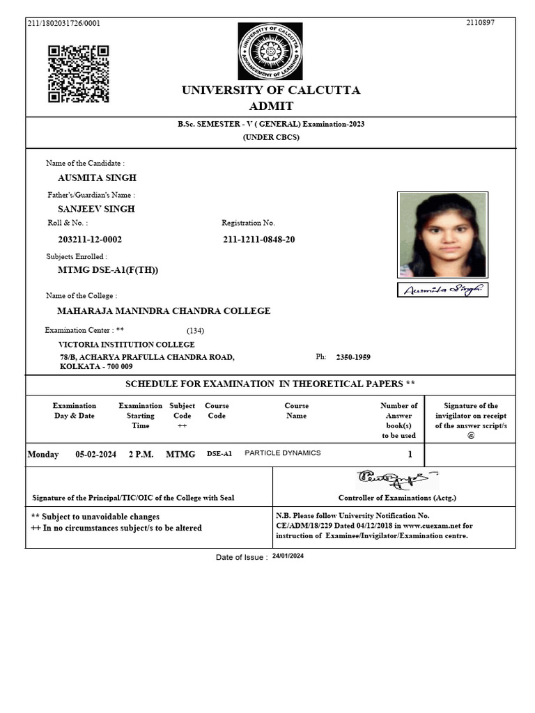 Calcutta University B.Sc. Admit Card 2023 | PDF