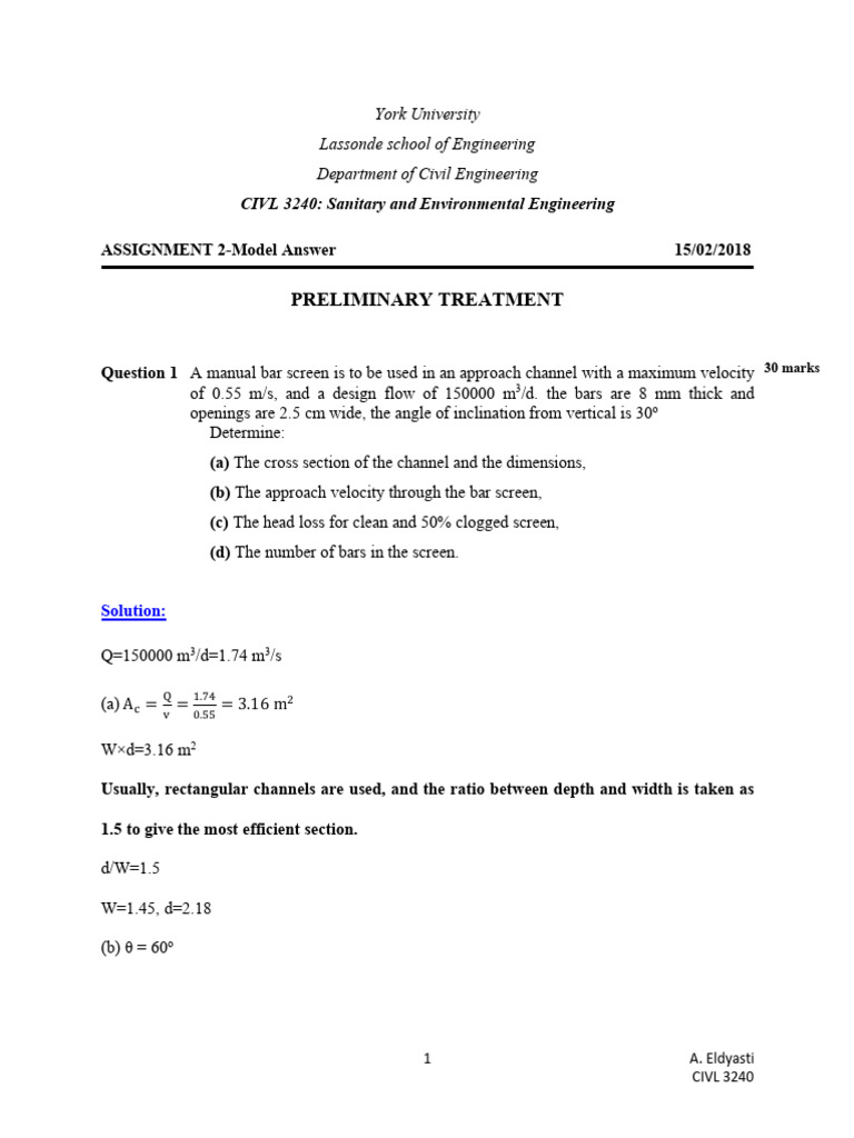 CIVL 3240 Sanitary ASSIGNMENT 2 - Model Answer | PDF