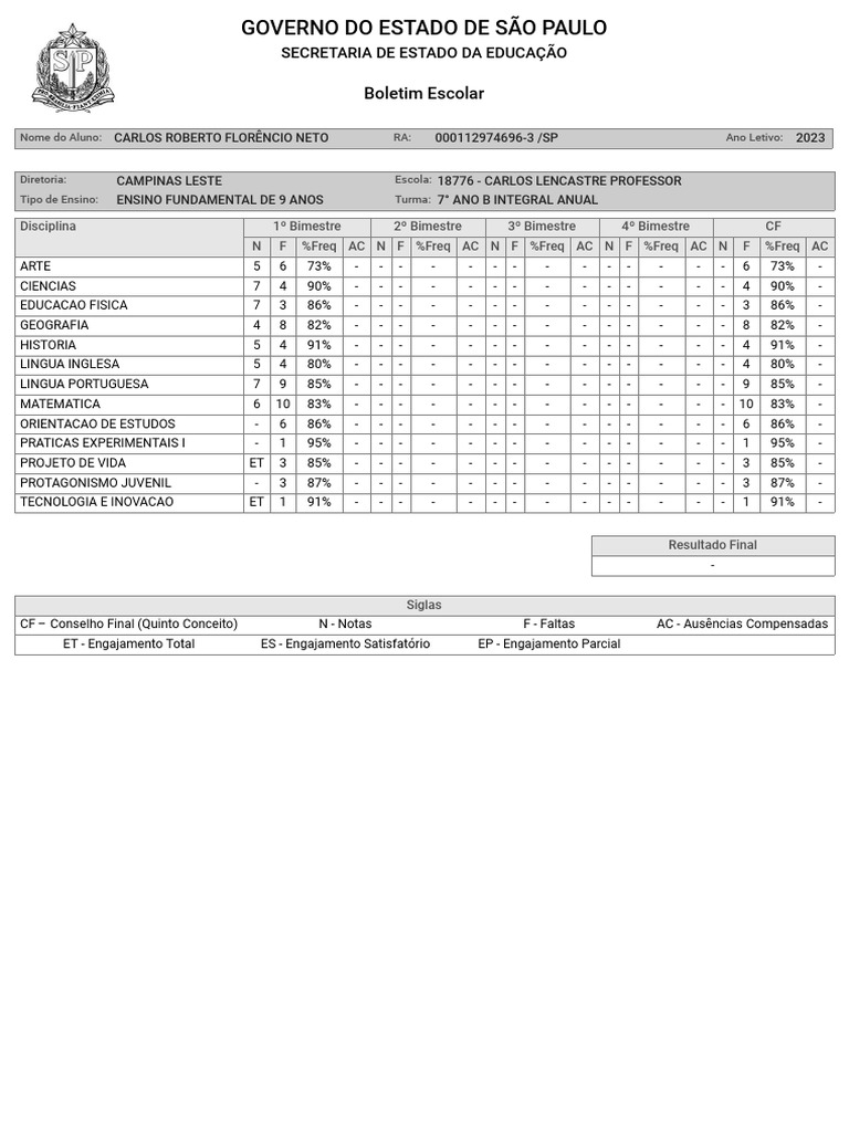 Boletim Escolar Do Aluno | PDF