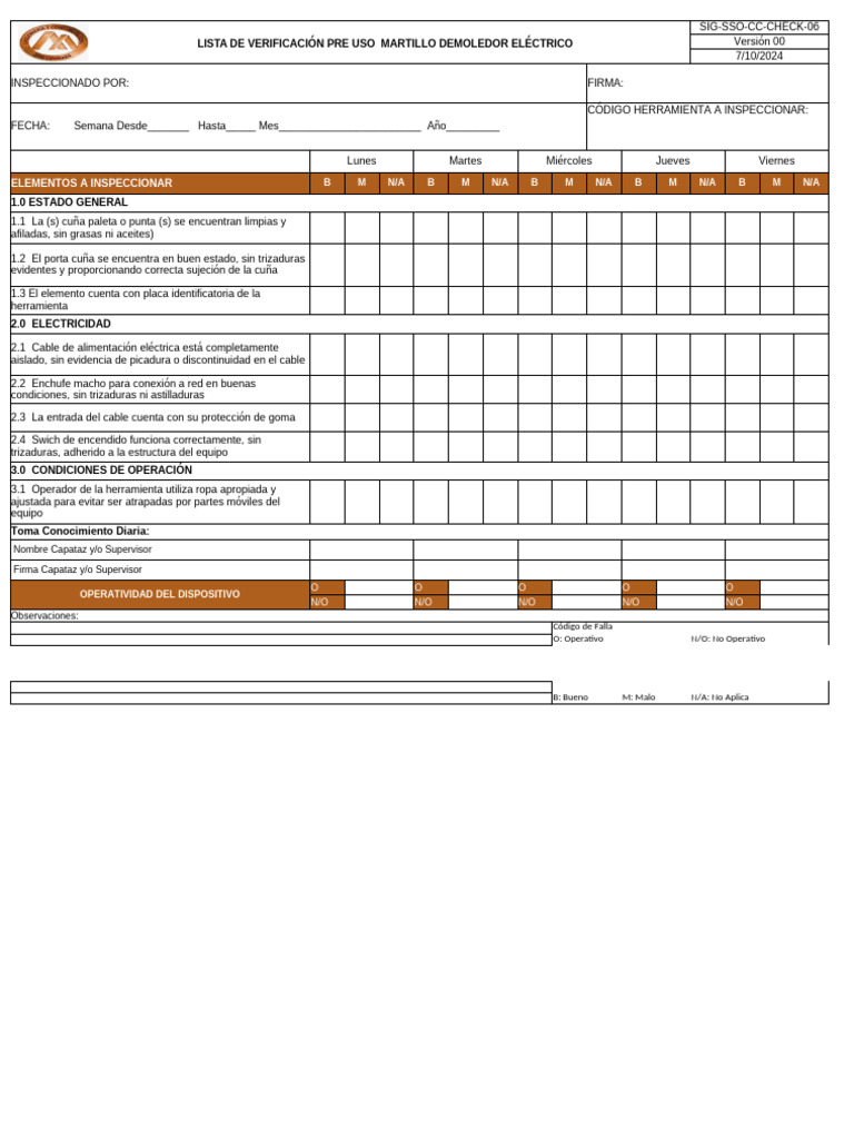 SIG SSO CC CHECK 06 Check List Martillo Demoledor Eléctrico | PDF ...