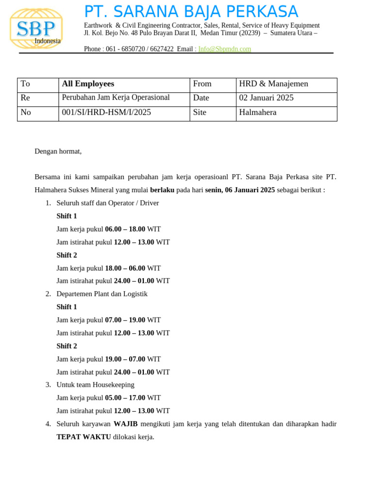 Perubahan Jam Kerja di PT. SBP Halmahera | PDF