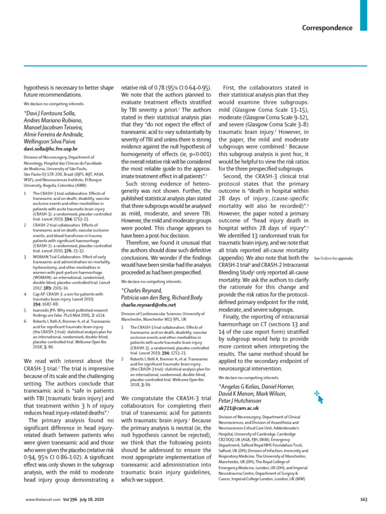 Tranexamic Acid For Traumatic Brain Injury Lancet 23 | PDF | Traumatic ...
