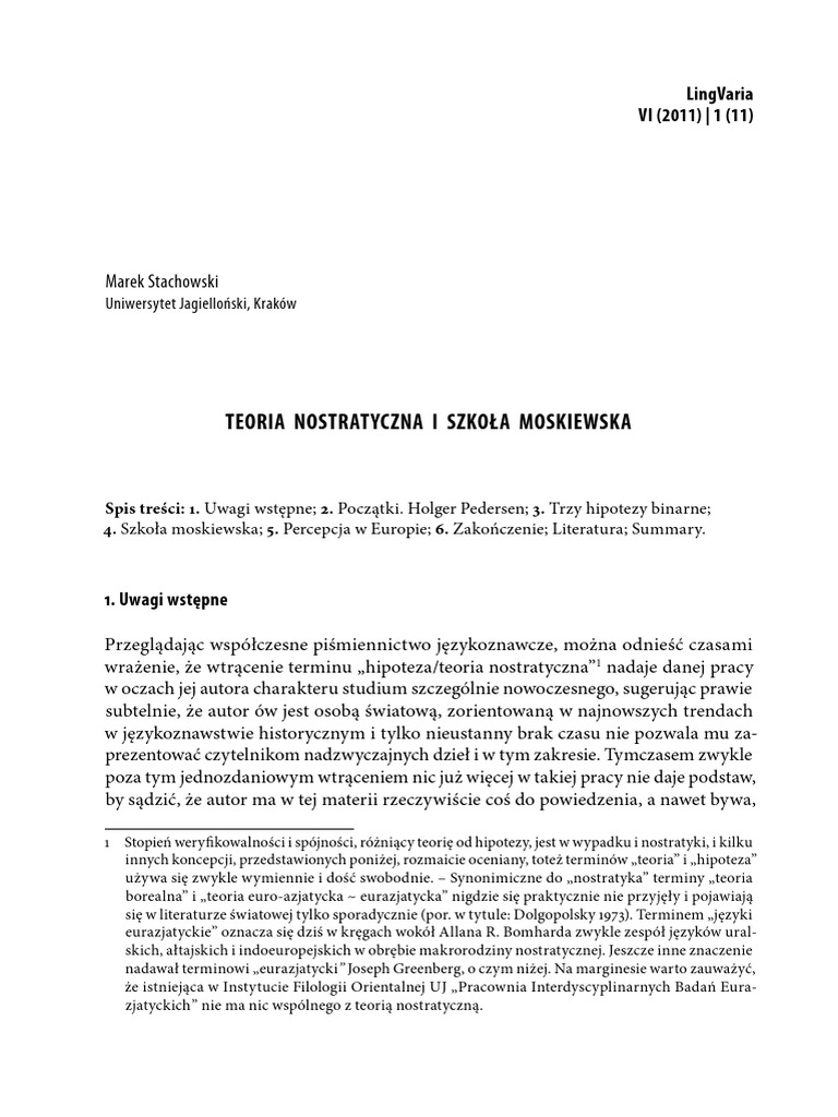 Stachowski Teoria Nostratyczna I Szkola Moskiewska 2011 | PDF