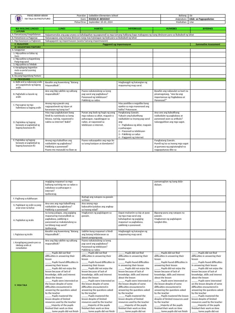 Ika-Walong Linggo Lunes Martes Miyerkules Huwebes Biyernes: Rhoda B ...