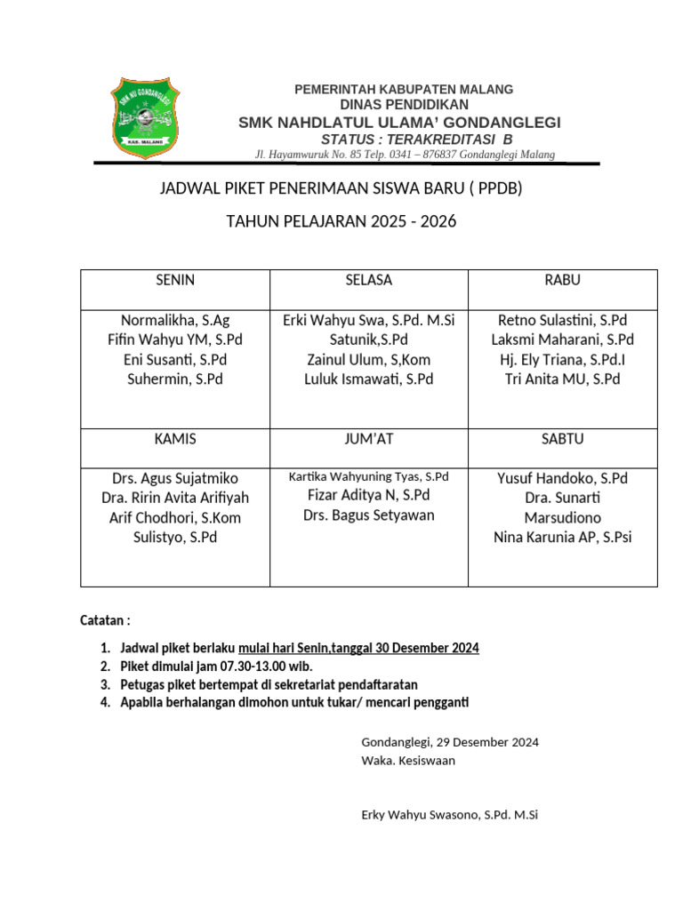 Jadwal Piket PPDB 2025-2026 | PDF