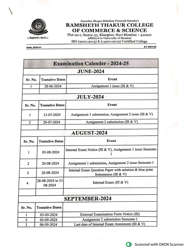 Examination Calendar - 2024-25 | PDF