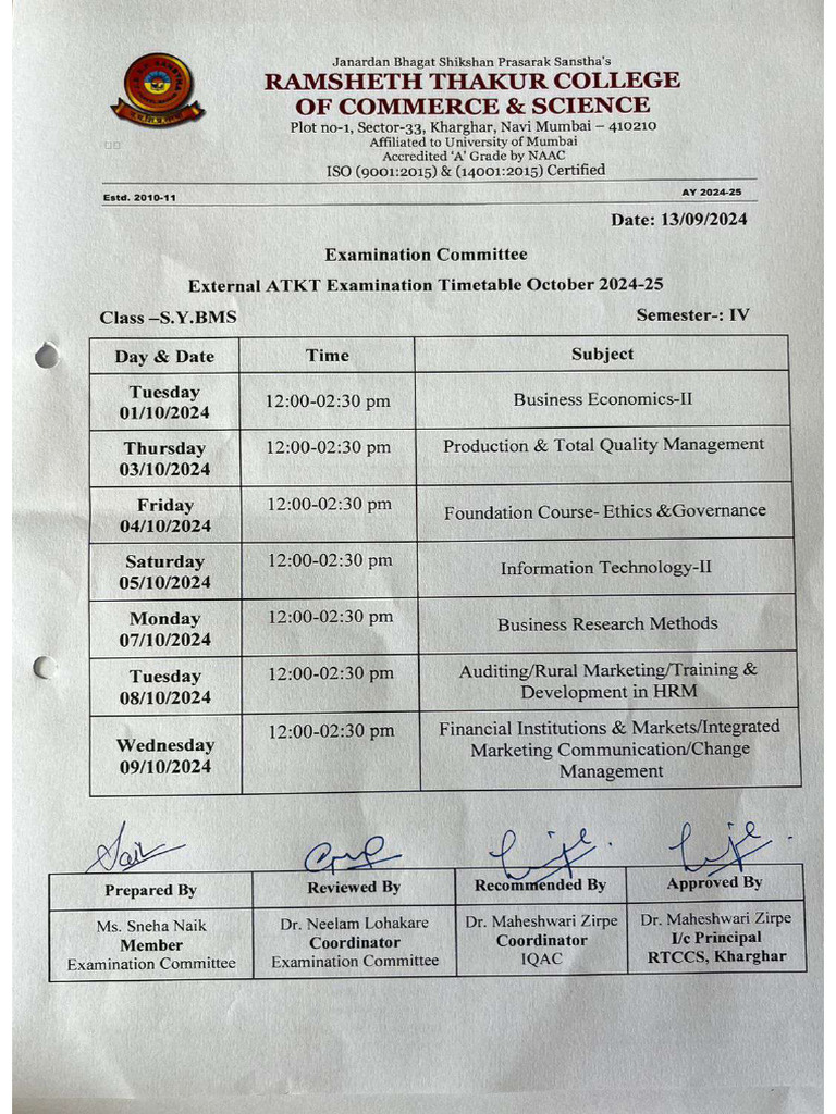 ATKT External Exam Time Table SEM IV | PDF