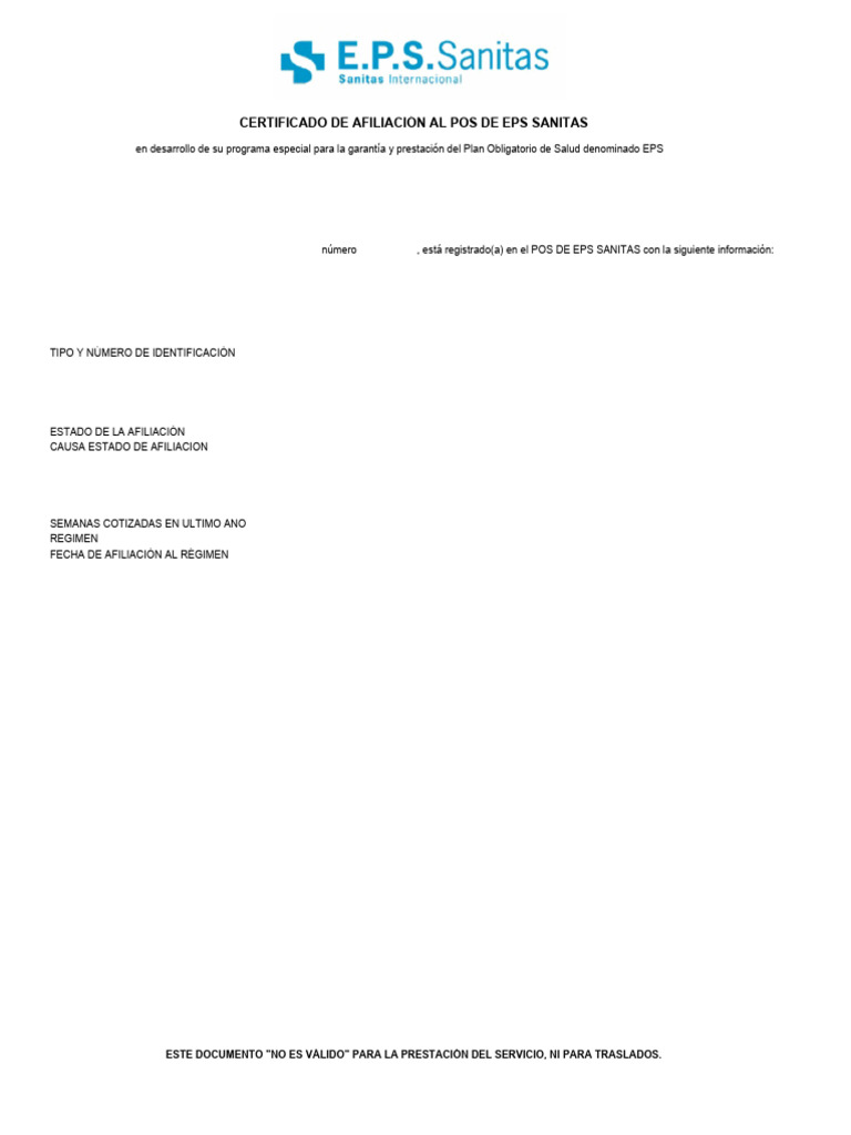 Certificado de Afiliación Al Pos de Eps Sanitas | PDF