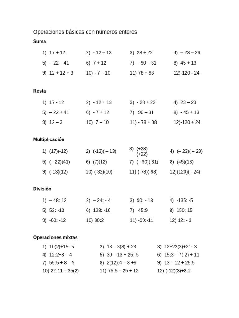 Operaciones básicas con números enteros | PDF