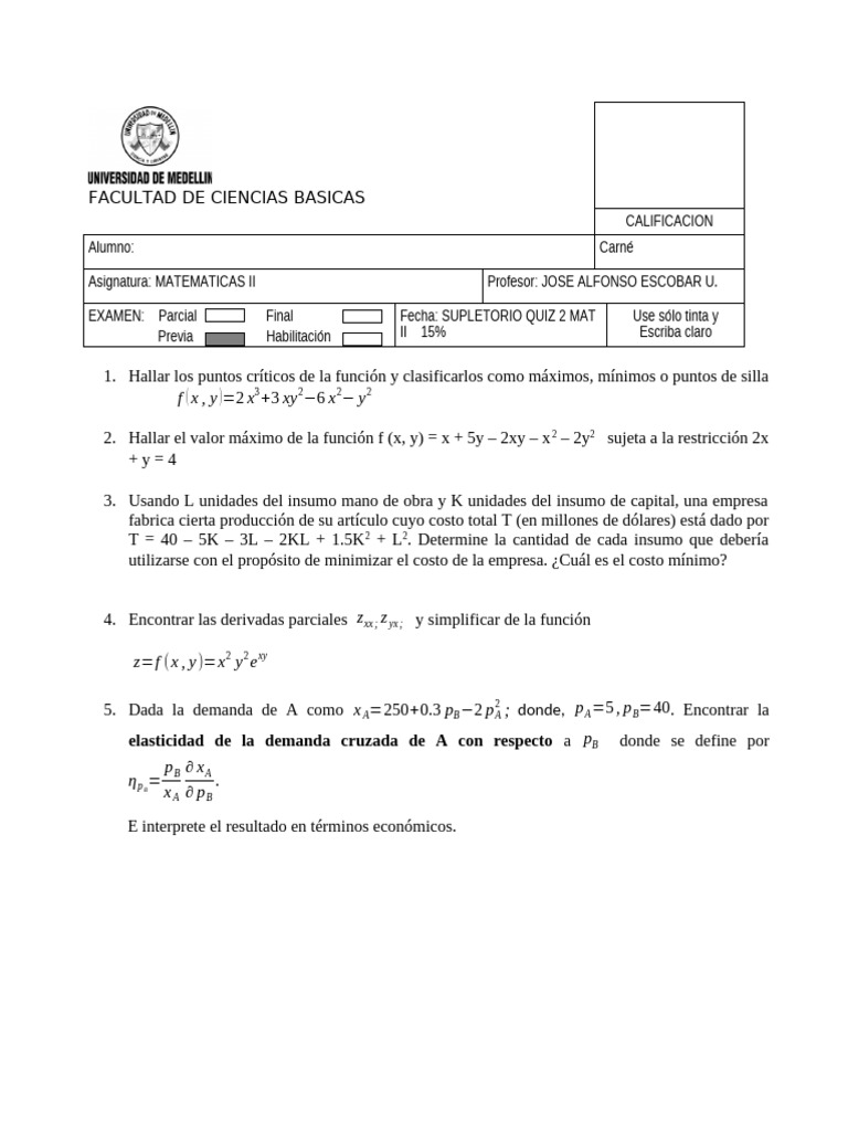 Quiz 2 Matematicas Ii Octubre 7 de 2024 | PDF