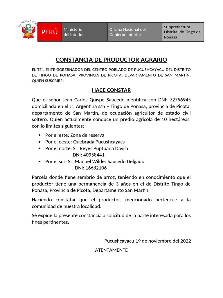 Constancia de Productor Agrario | PDF