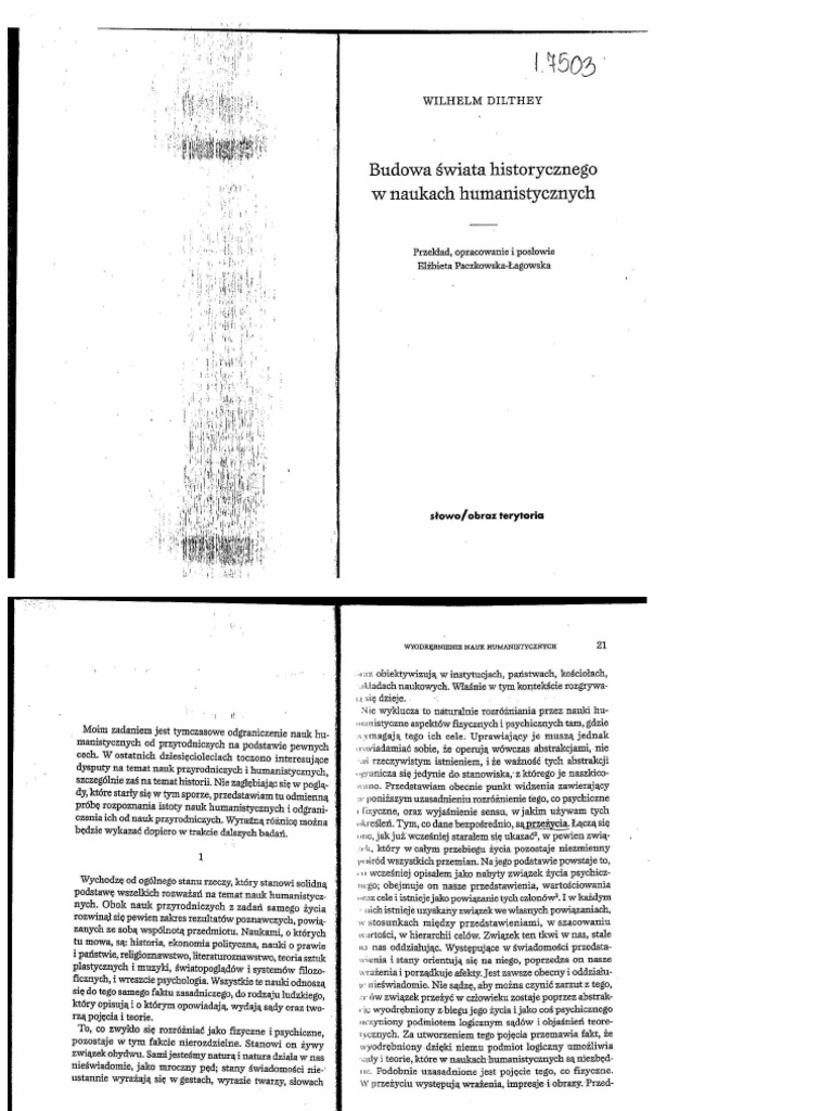Dilthey - Budowa Świata Historycznego W Naukach Humanistycznych1 | PDF