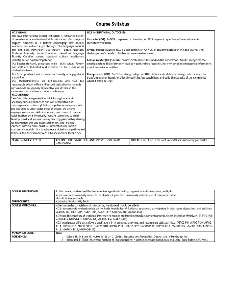 Statistical Analysis Course Syllabus | PDF | Student's T Test | Statistics