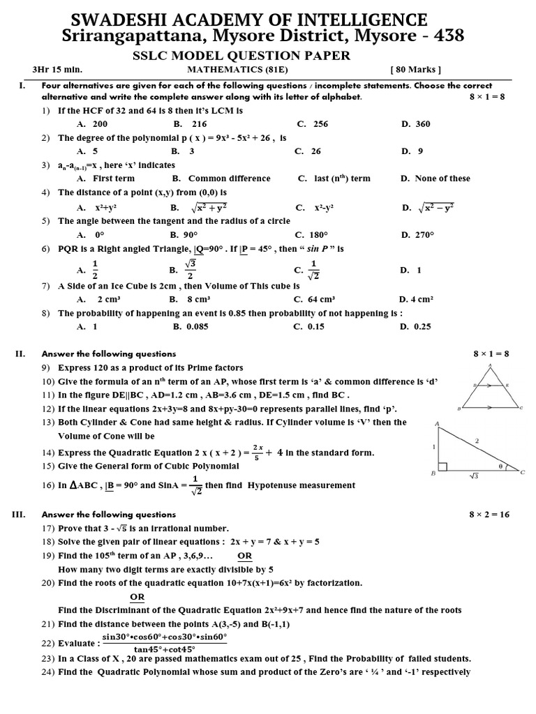 Math Model Question Paper for SSLC | PDF | Quadratic Equation | Equations