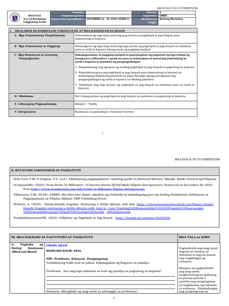 DLL MATATAG _GMRC 4 Q3 W3 | PDF