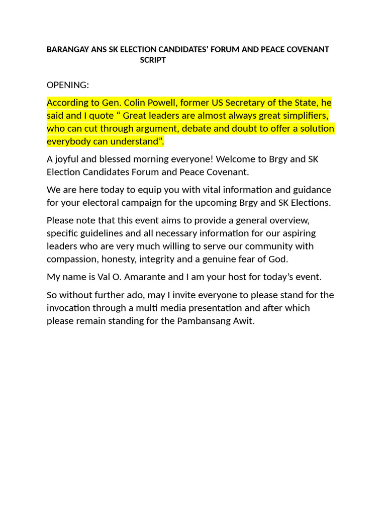 BARANGAY ANS SK ELECTION CANDIDATES Forum. Script | PDF