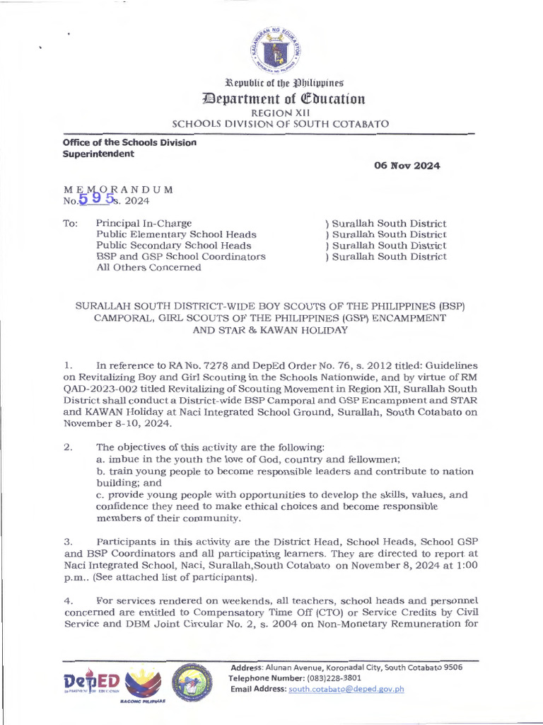 Memorandum No. 595 s. 2024 Surallah South District Wide Boy Scouts of ...