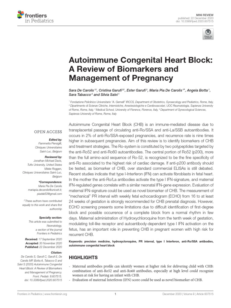 Autoimmune Congenital Heart Block - A Review of Biomarkers and ...