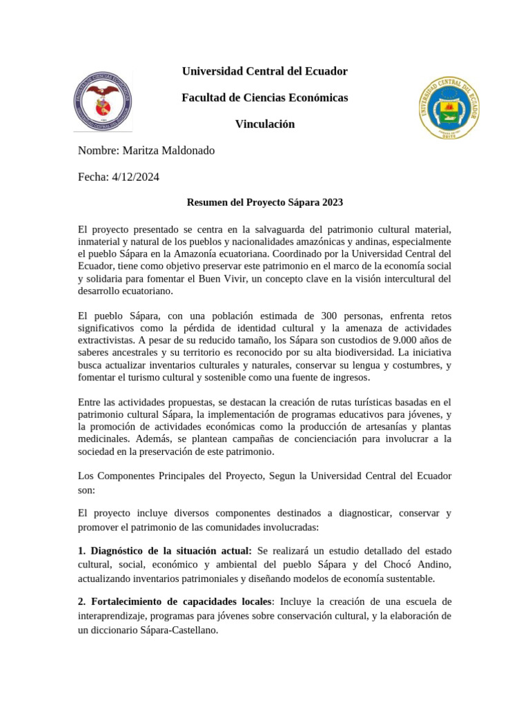 Resumen Proyecto Sápara 2023 | PDF | Patrimonio cultural | Ecuador