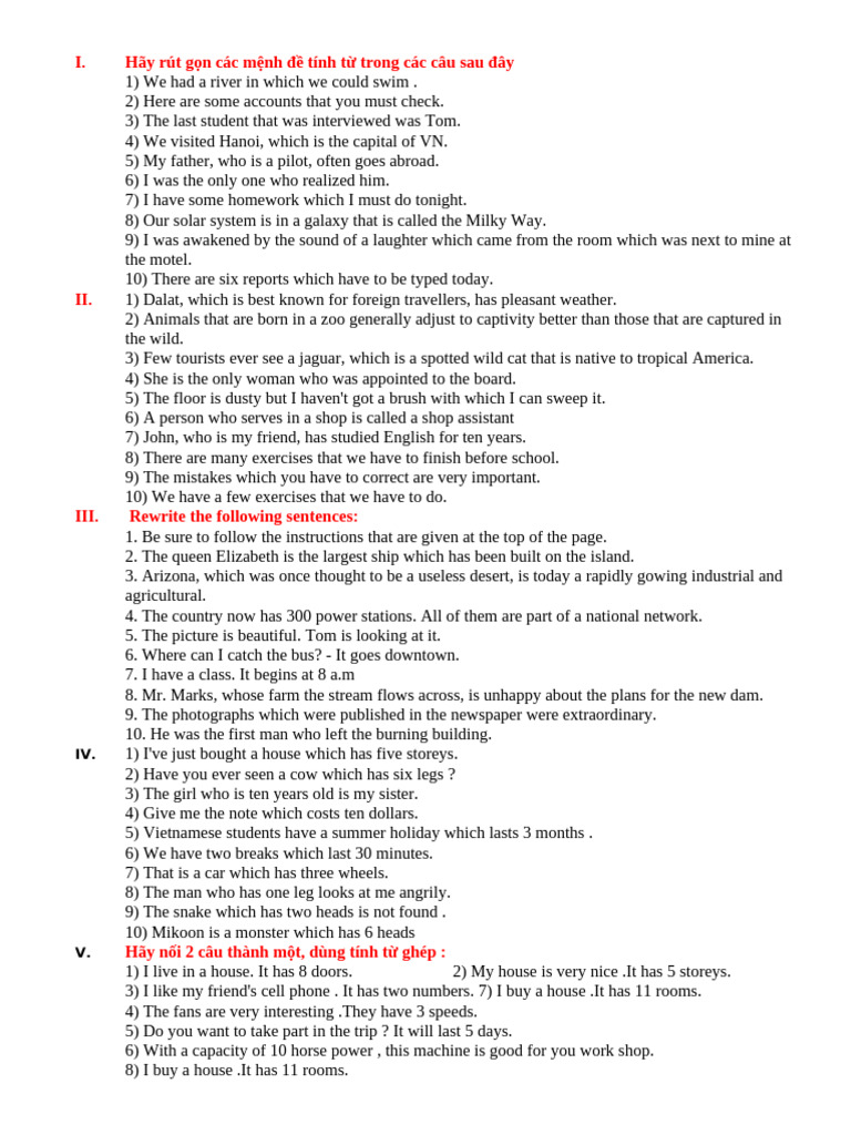 Hãy rút gọn các mệnh đề tính từ trong các câu sau đây.docx SỬA | PDF