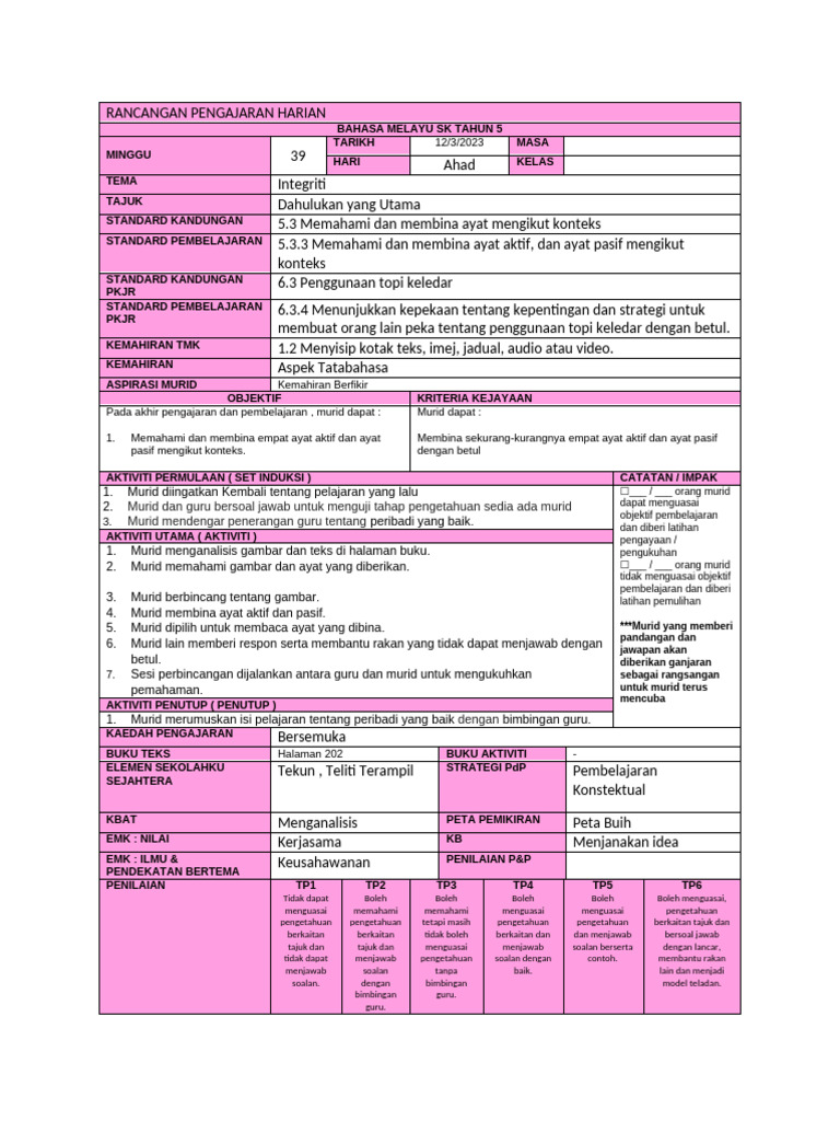 RPH Minggu 39 BM SK THN 5 2024 by Cikgu Gorgeous | PDF