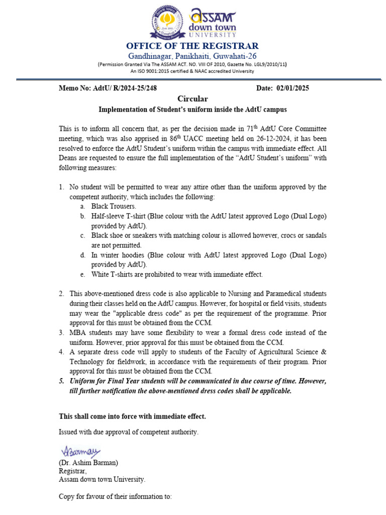 Circular - R-Implementation of Student's Uniform Inside The AdtU Campus ...