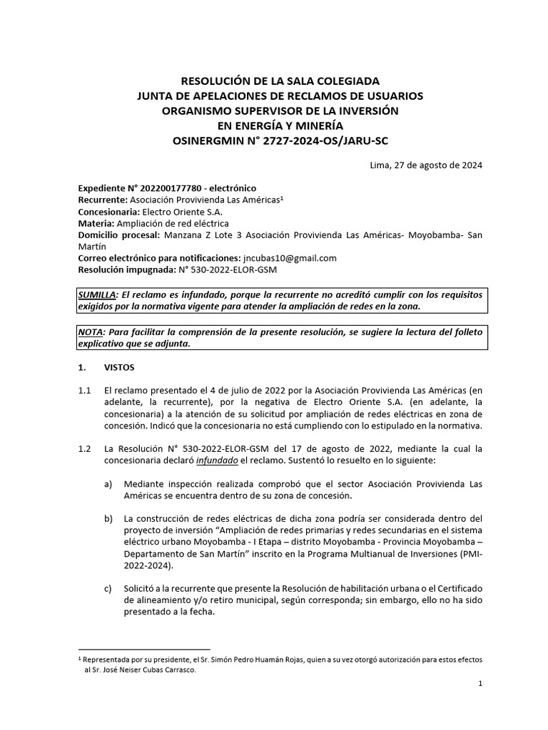 Res. Nro. 2727-2024-Os-Jaru-Sc | PDF | Concesión (contrato)