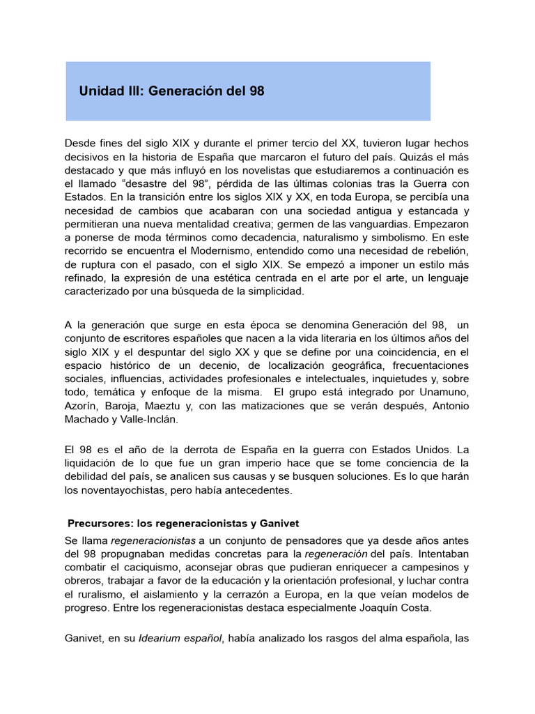III Unidad- Generaci-n Del 98 | PDF