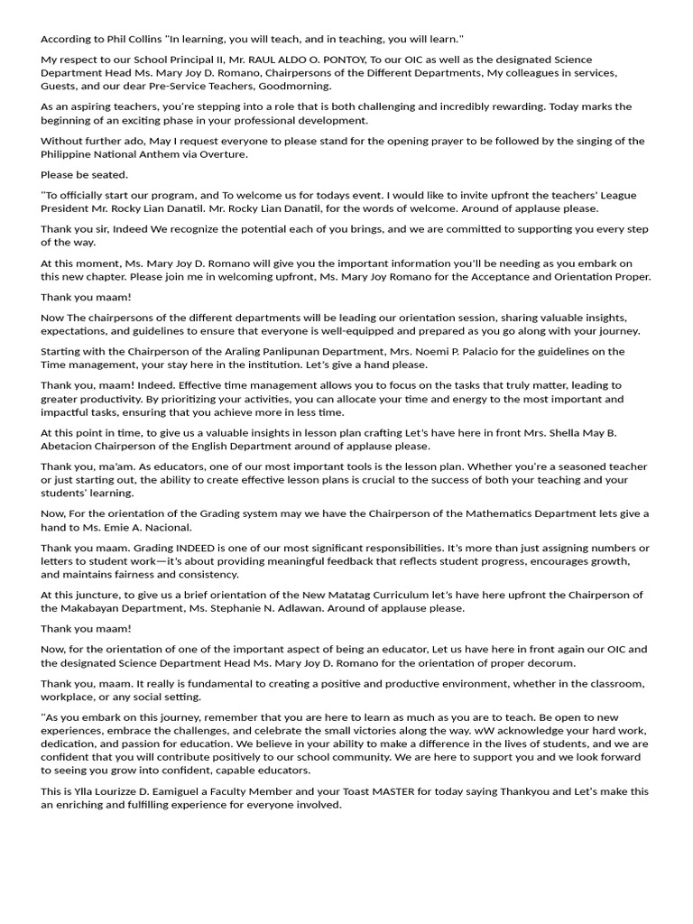 Emcee Script of Orientation of Pre Service | PDF | Lesson Plan | Human ...