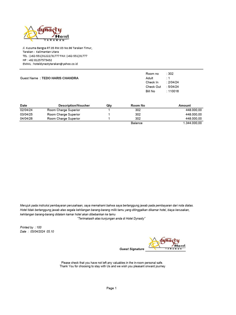 Invoice Hotel Dynasty | PDF