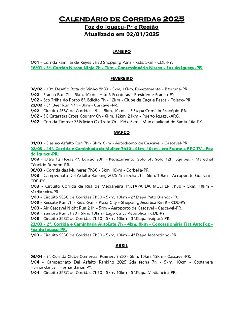 Calendário de Corridas 2025 | PDF