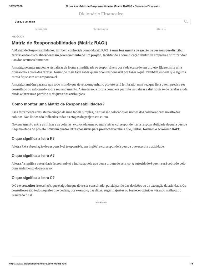 O Que É A Matriz de Responsabilidades (Matriz RACI) | PDF | Gestão de ...