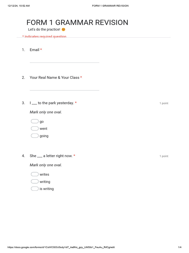 FORM 1 GRAMMAR REVISION - Google Forms | PDF | Linguistics | Grammar