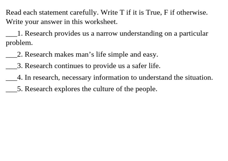 True or False Research Statements Worksheet | PDF