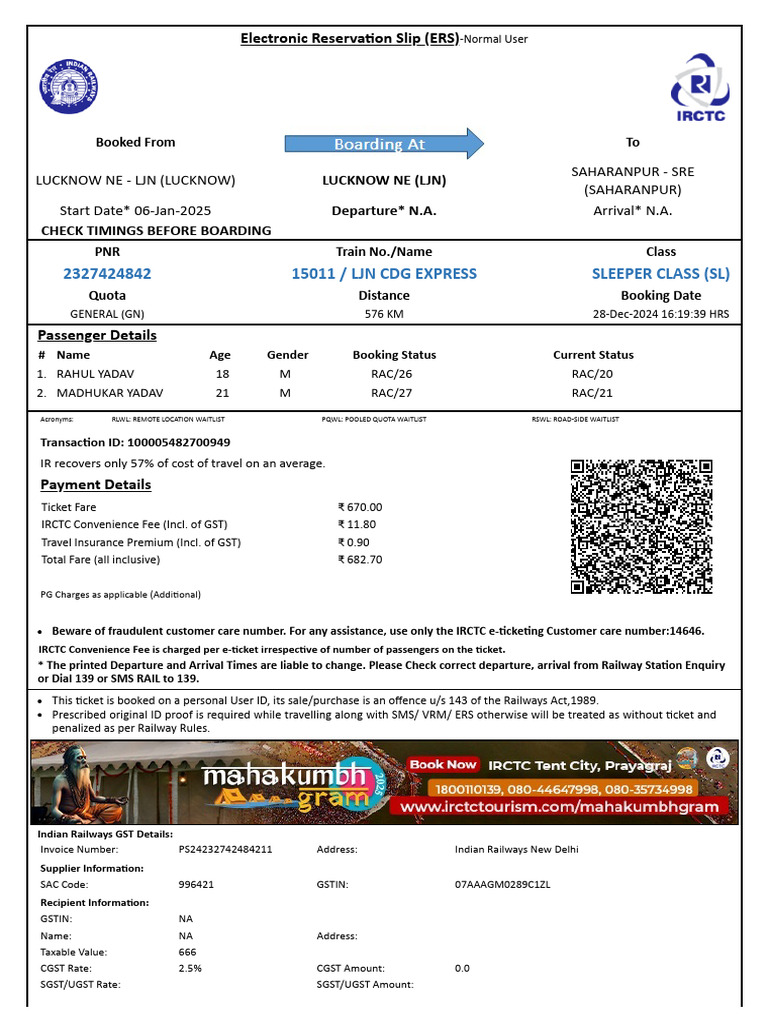 Indian Railways E-Ticket Booking Details | PDF | Identity Document ...