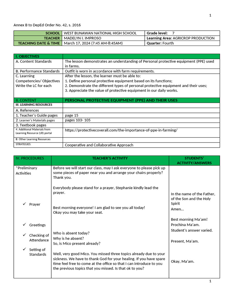 Lesson Plan 2022 2023 CO4 AGRICROP | PDF | Personal Protective Equipment