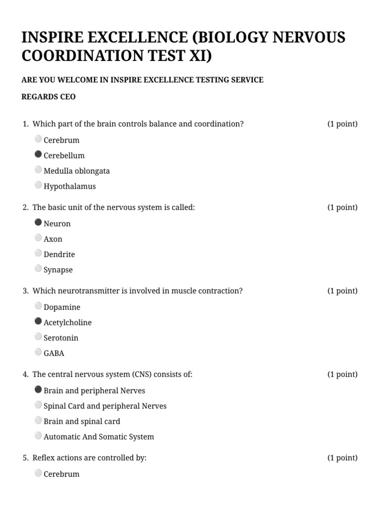 Inspire Excellence (Biology Nervous Coordination Test Xi) | PDF ...
