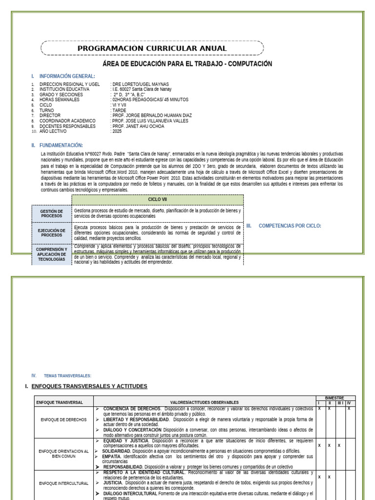 Programacion Anual 2025 - Ept - Computacion-2° y 3°-Janet | PDF | Evaluación | Microsoft Word